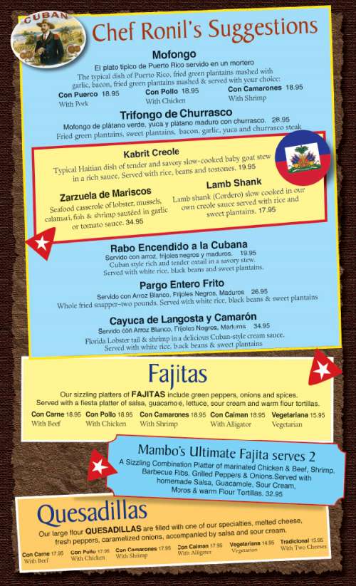 Mambo Cafe menu in Miami, Florida, USA