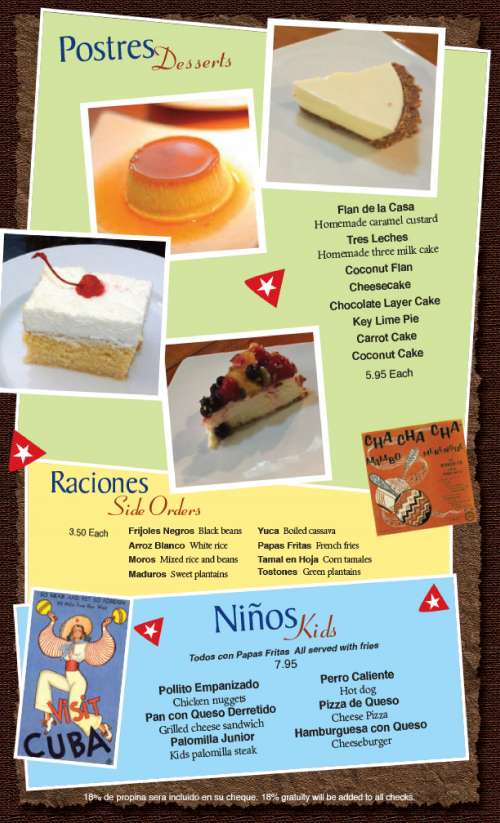 Mambo Cafe menu in Miami, Florida, USA