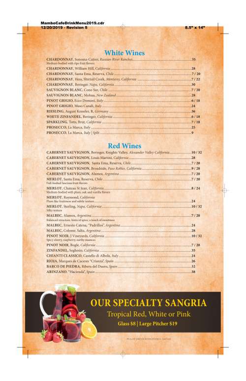 Mambo Cafe menu in Miami, Florida, USA