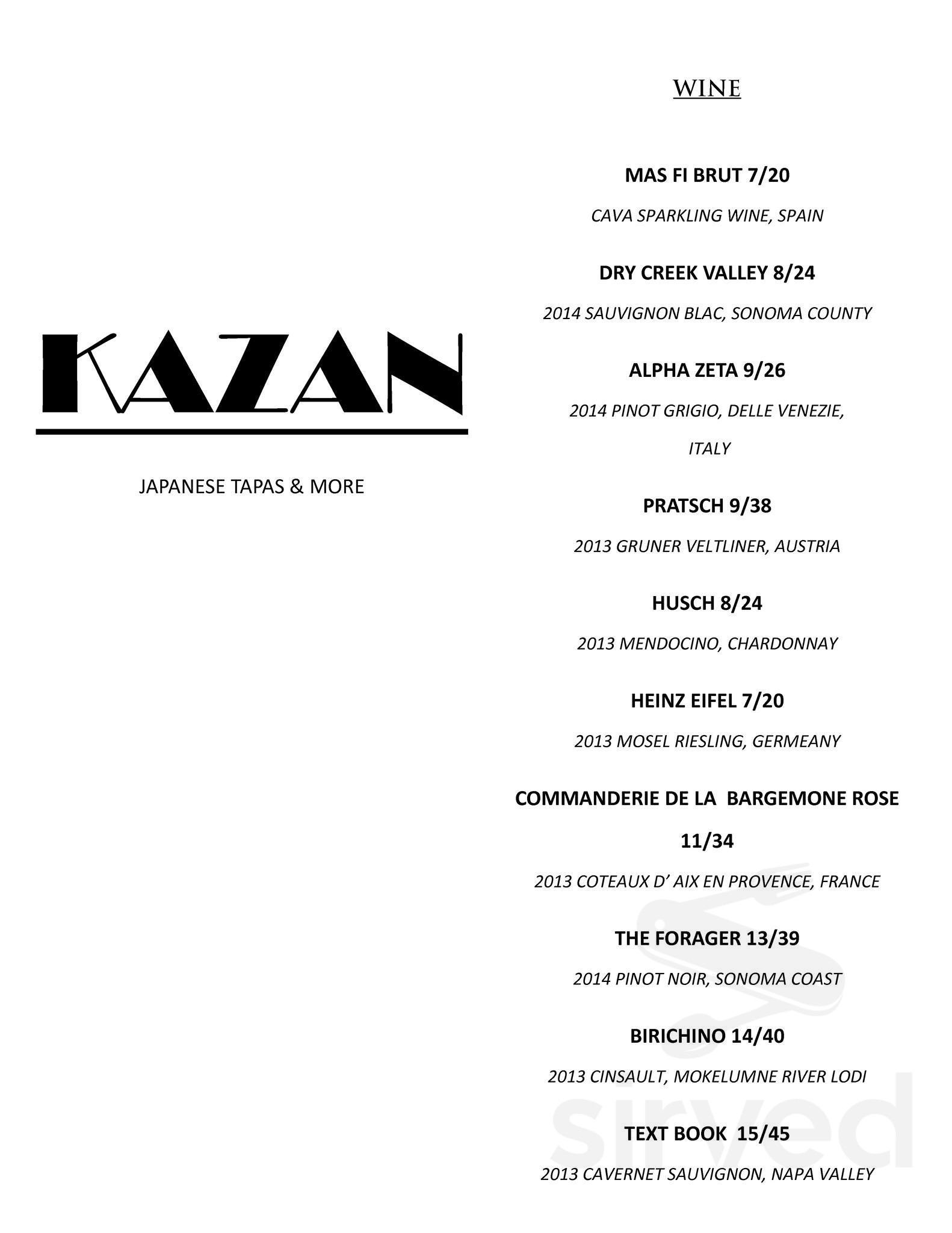 Kazan menu in San Francisco, California, USA