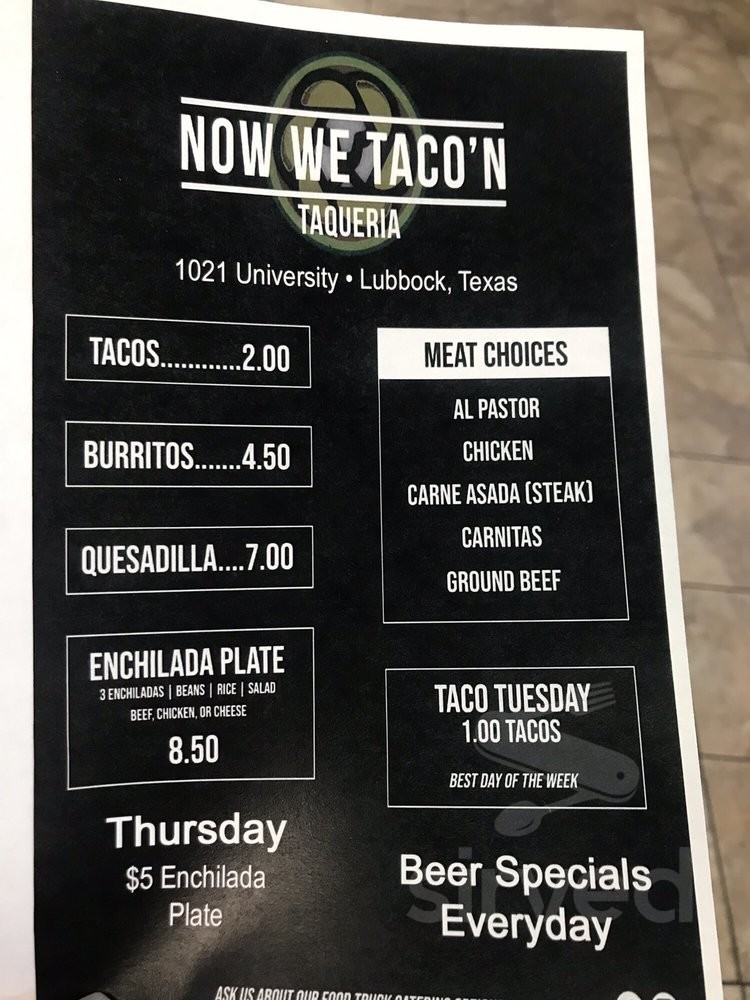 Menu for Now We Taco'n Taqueria in Lubbock, TX | Sirved