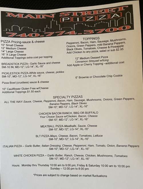 MAIN STREET PIZZA CHILLICOTHE menu in Chillicothe, Ohio, USA