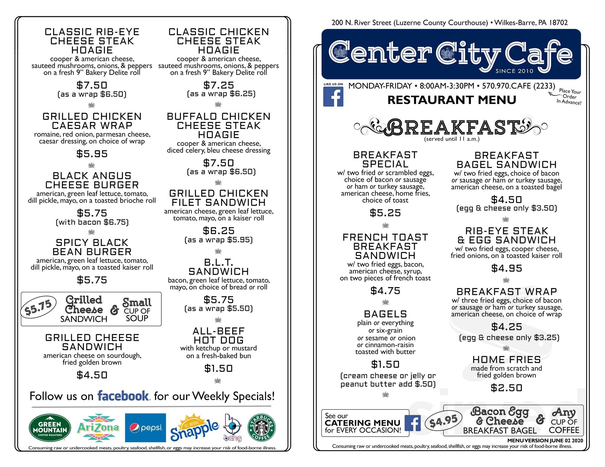 Center City Cafe menus in Wilkes-Barre, Pennsylvania, United States