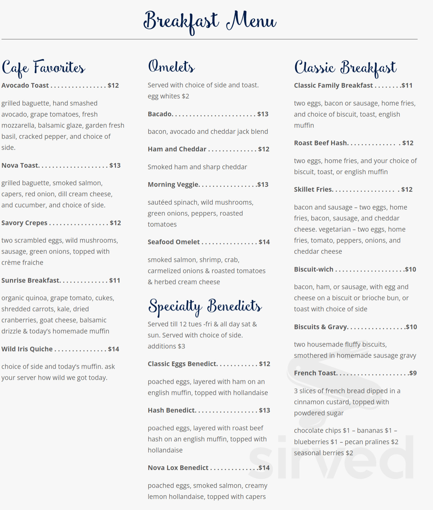 Wild Iris Cafe menu in Dunedin, Florida, USA