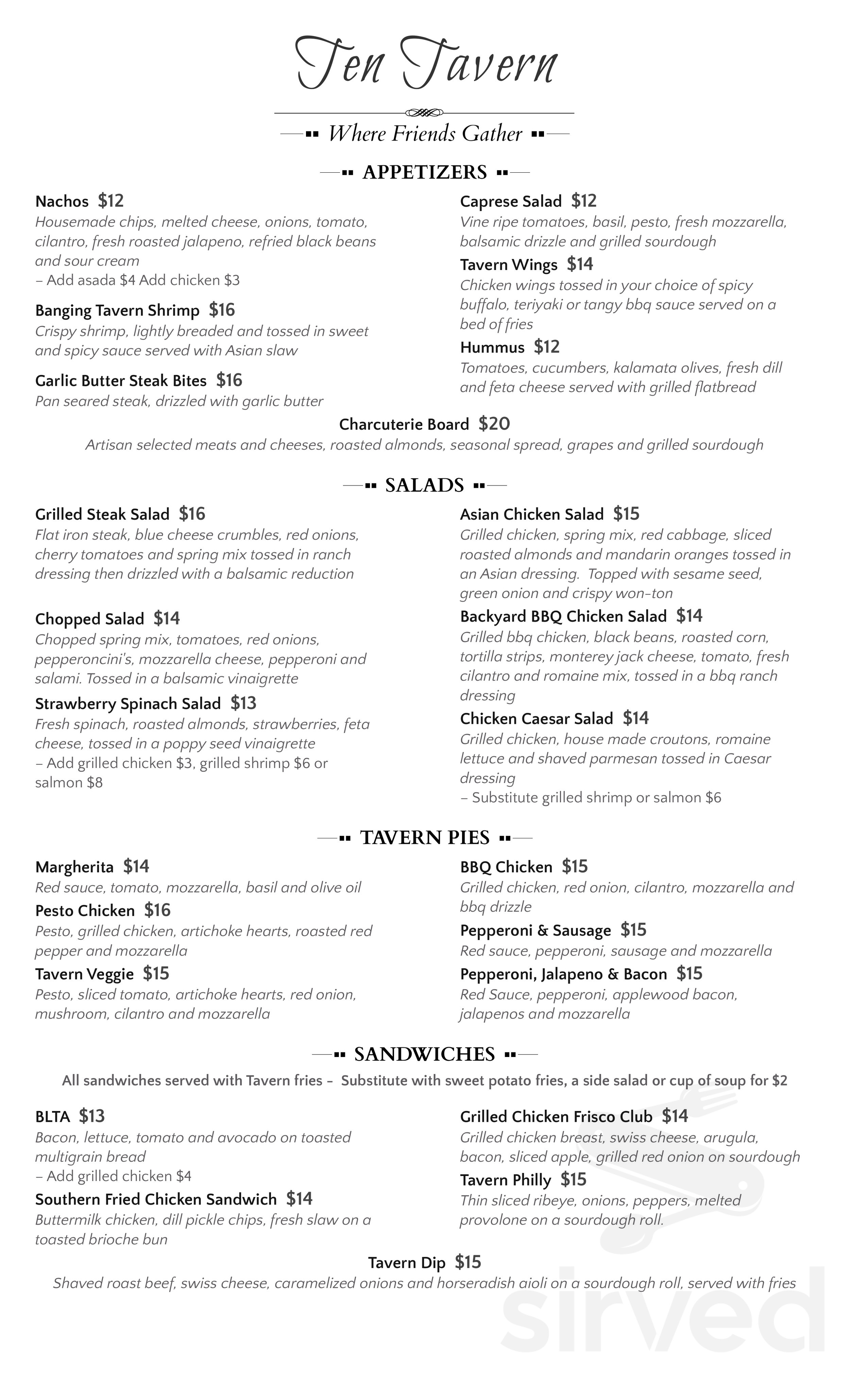 Ten Tavern menu in Clovis, California, USA