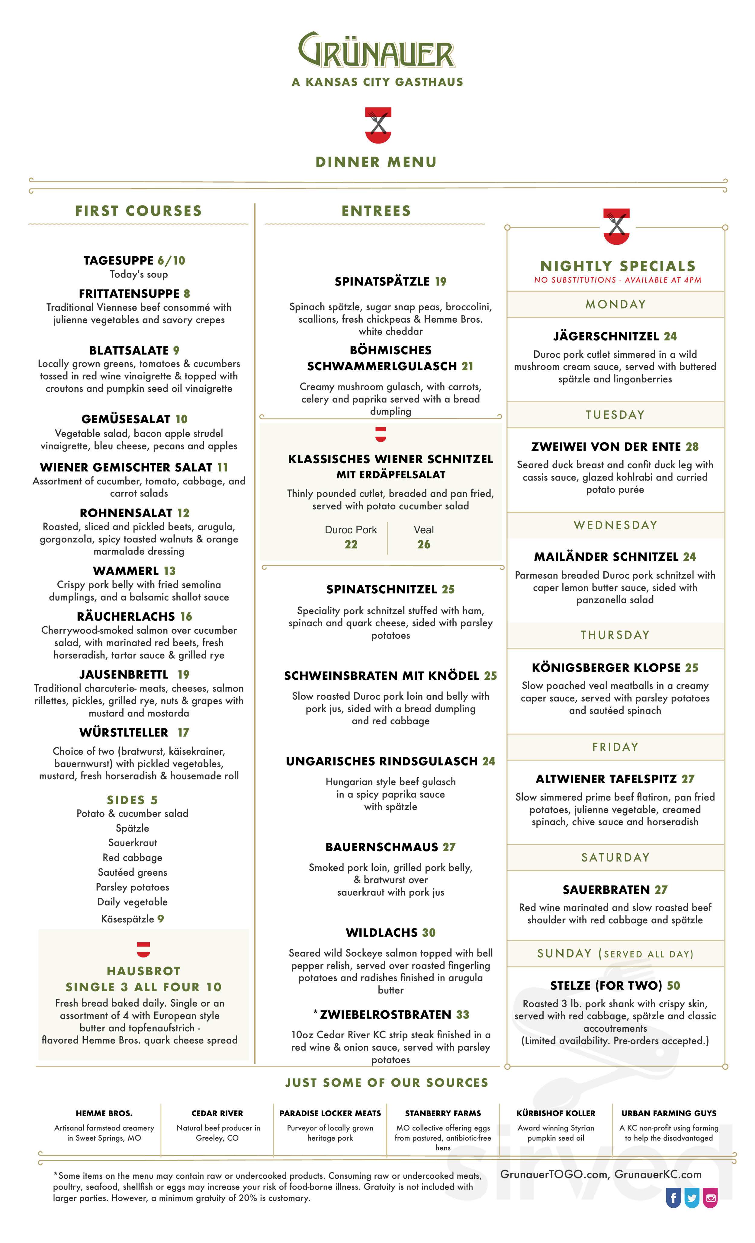 Grünauer menu in Kansas City, Missouri, USA