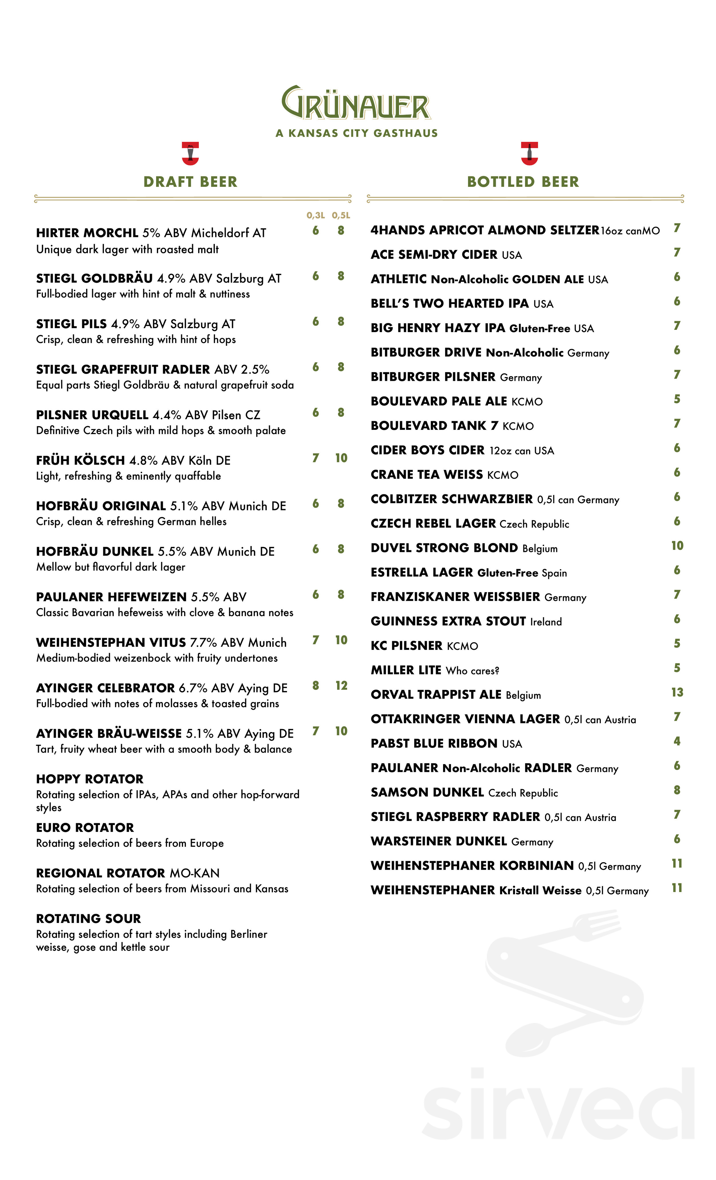 Grünauer menu in Kansas City, Missouri, USA