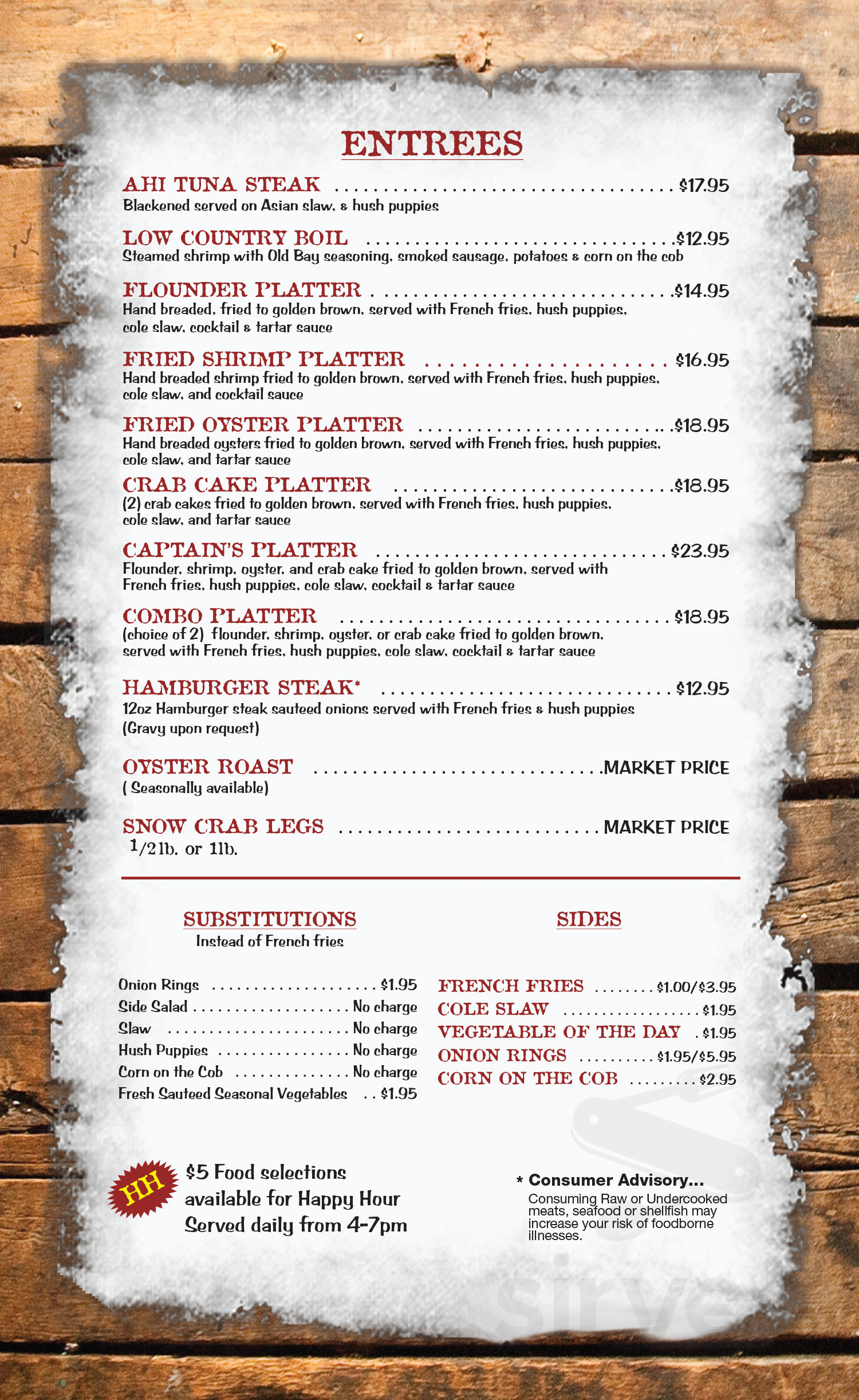 Captain Archie's menu in North Myrtle Beach, South Carolina, USA