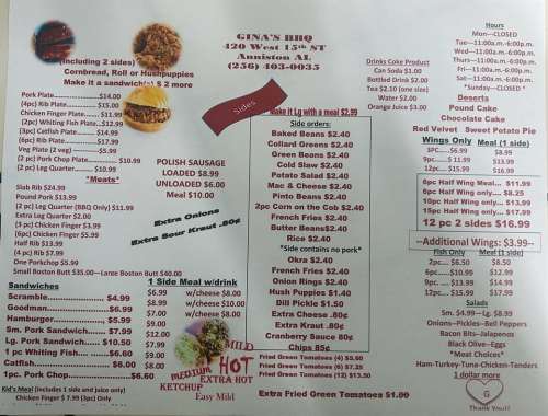 Gina's BBQ menu in Anniston, Alabama, USA