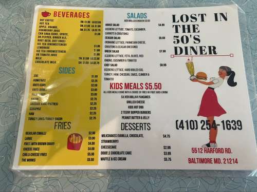 Lost in the 50's Diner menu in Baltimore, Maryland, USA