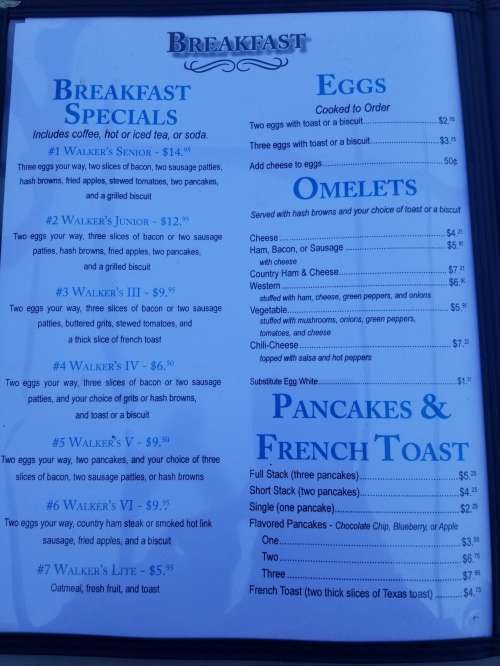 Walker's Diner menu in Farmville, Virginia, USA