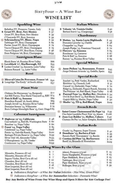 SixtyFour - Wine Bar & Kitchen menu in Naperville, Illinois, USA