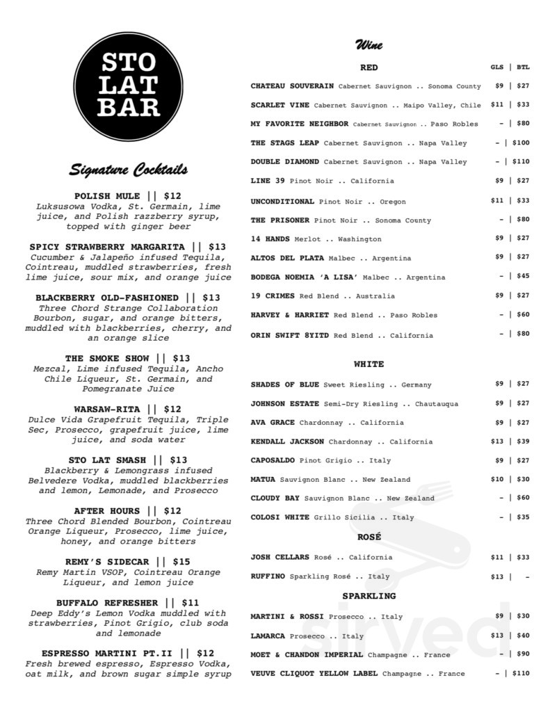 Sto Lat Bar menu in Buffalo, New York, USA