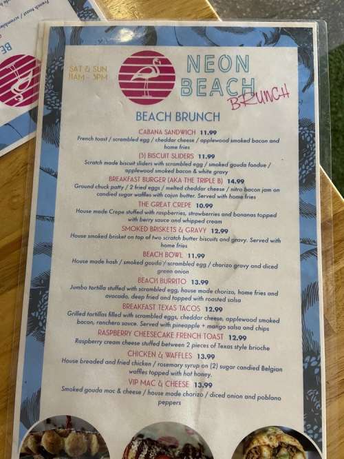 Neon Beach menu in Orlando, Florida, USA