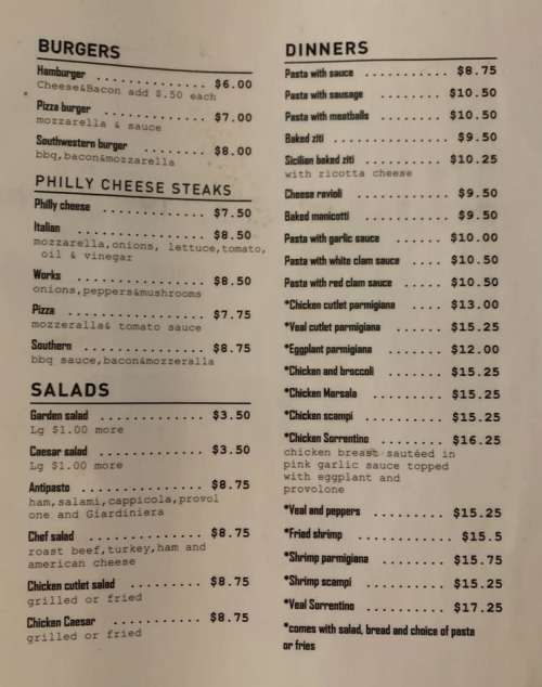 Grand Slam menu in Circleville, New York, USA