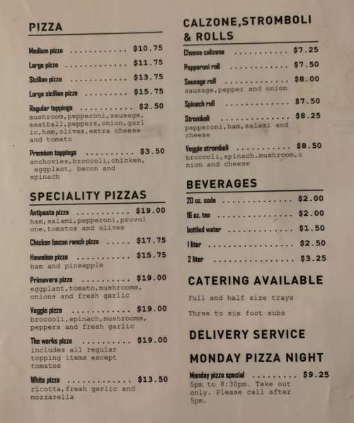 Grand Slam menu in Circleville, New York, USA