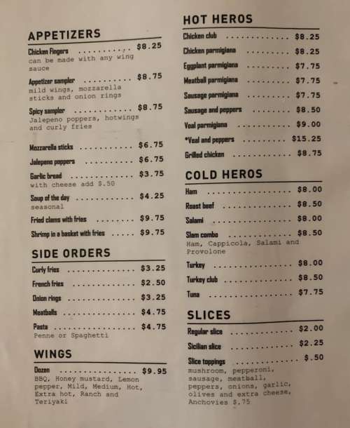 Grand Slam menu in Circleville, New York, USA