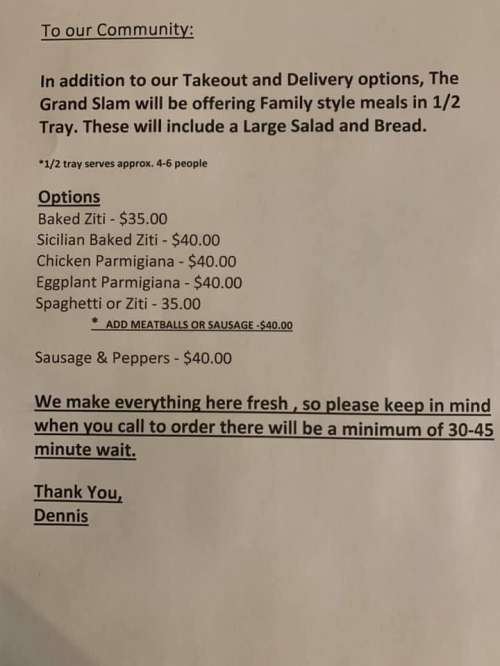 Grand Slam menu in Circleville, New York, USA