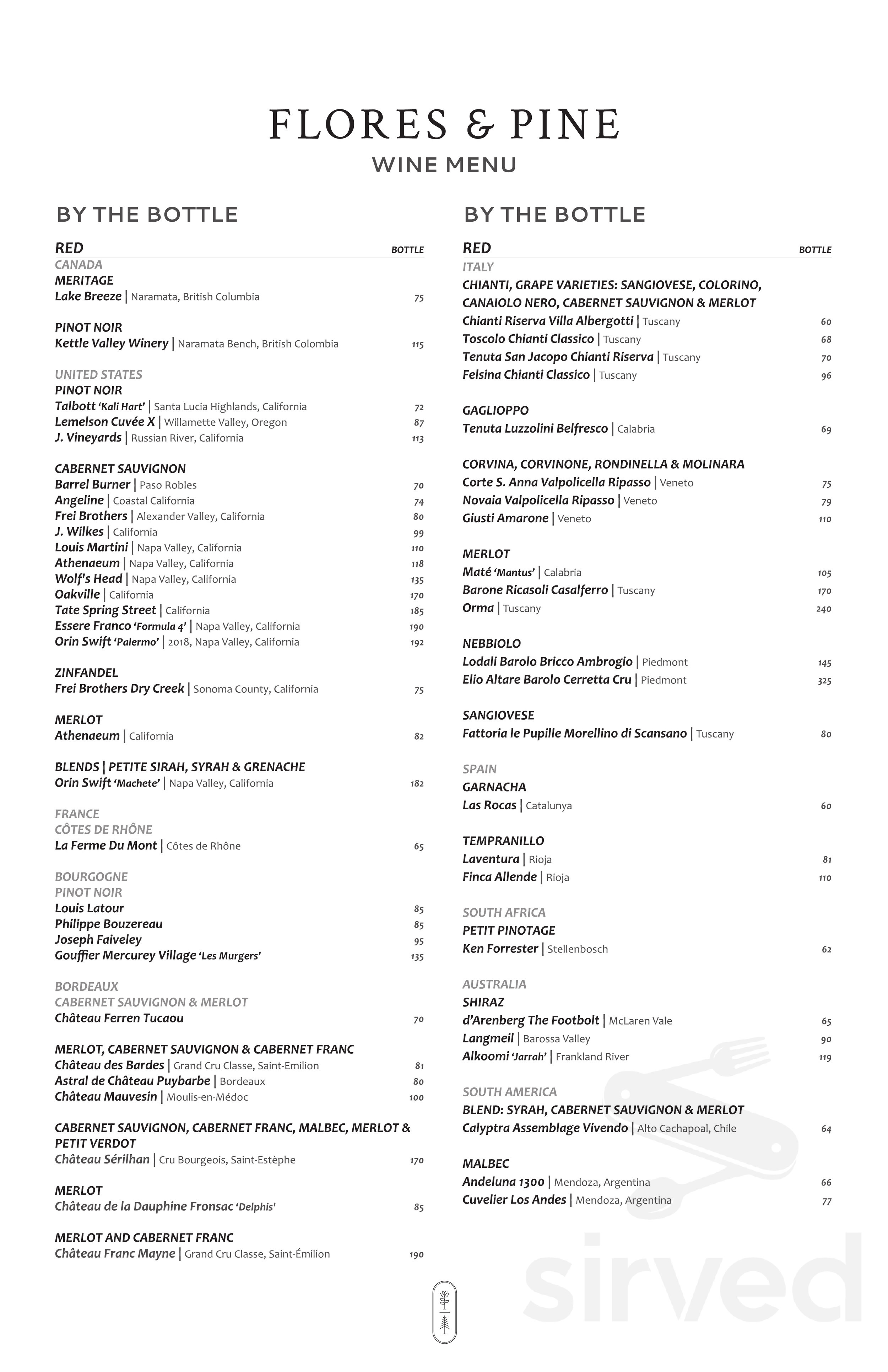 Flores & Pine menu in Calgary, Alberta, Canada