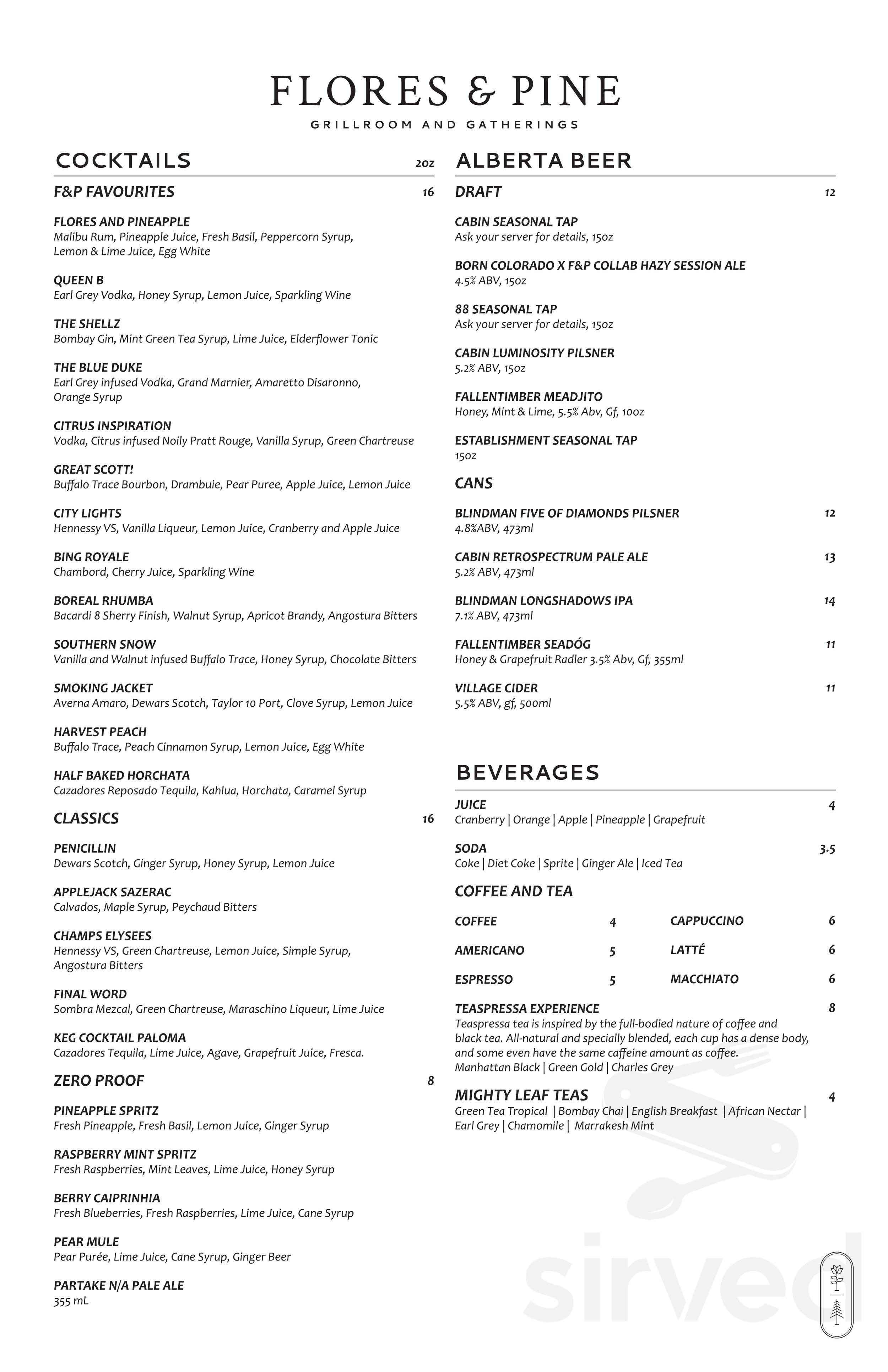 Flores & Pine menu in Calgary, Alberta, Canada