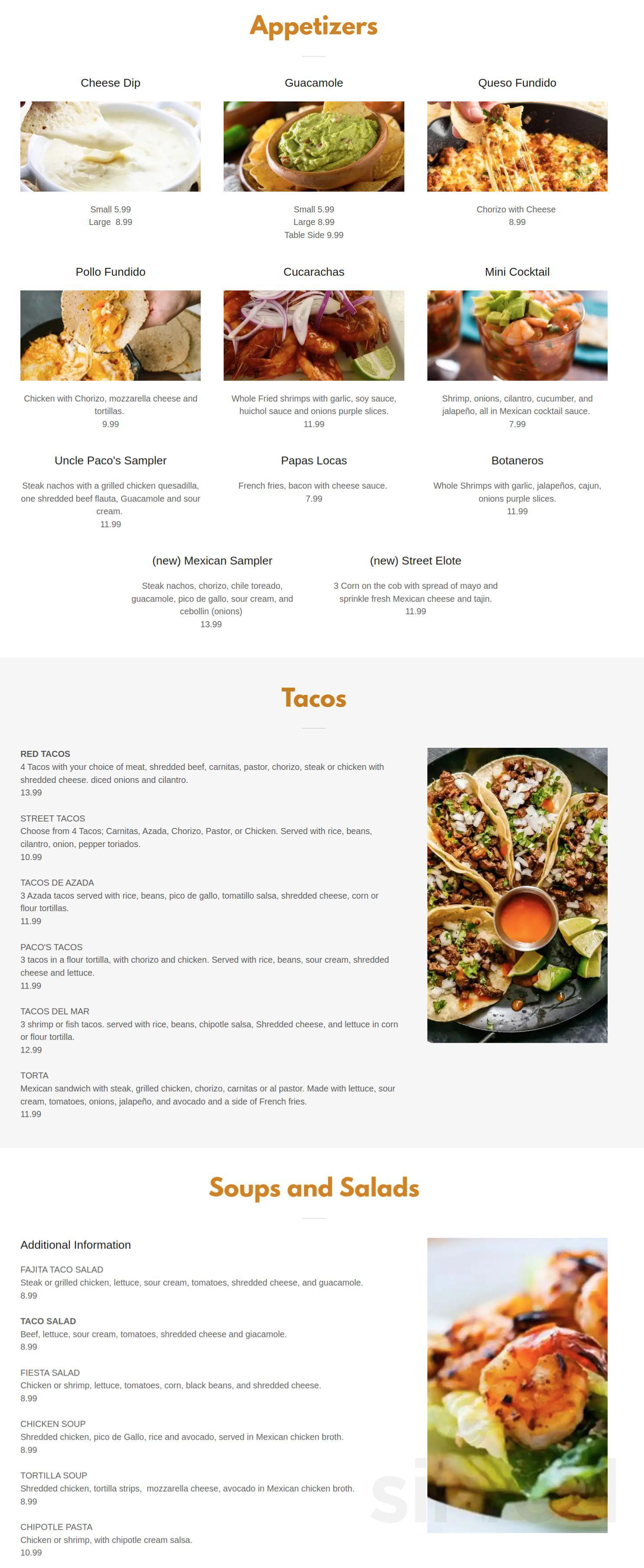 Uncle Paco's Mexican Grill menu in Tulsa, Oklahoma, USA
