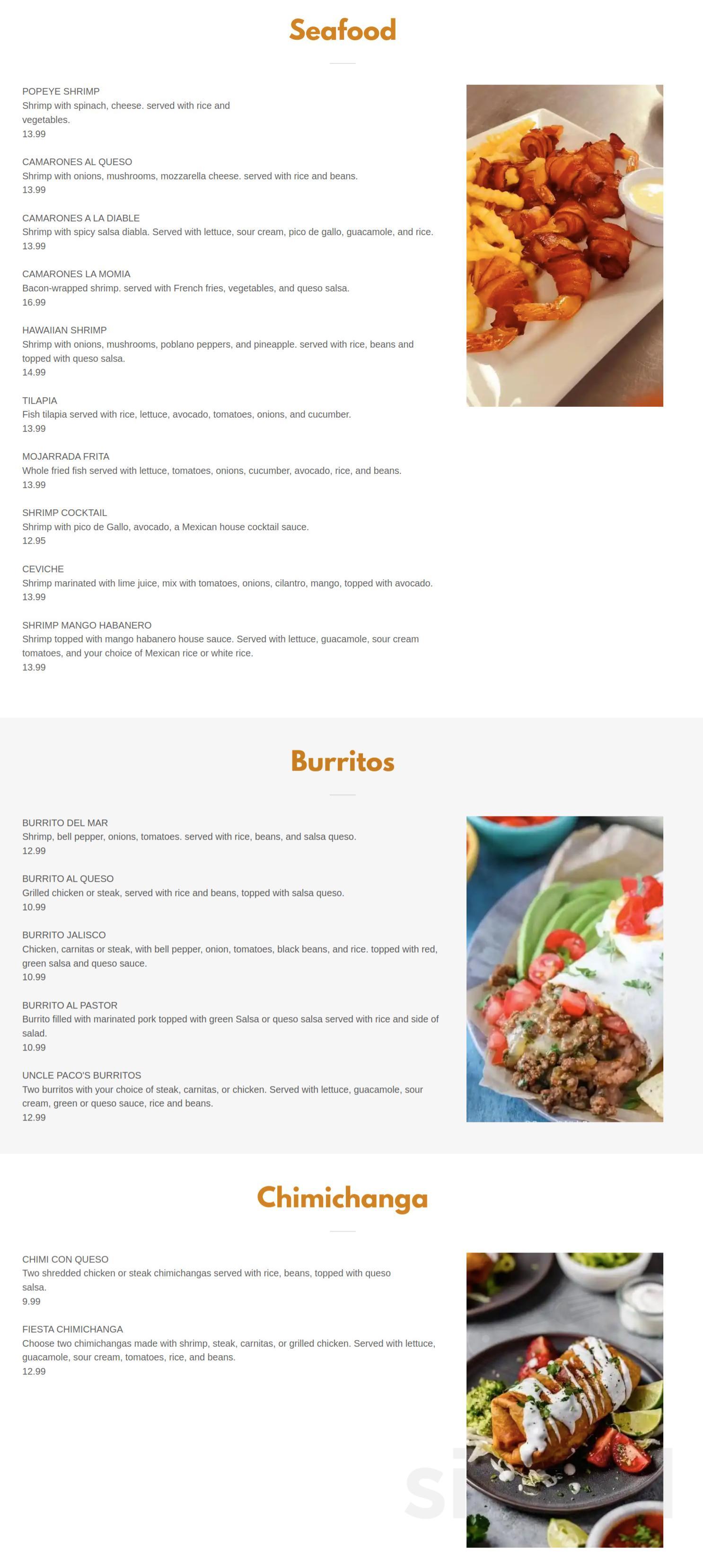 Uncle Paco's Mexican Grill menu in Tulsa, Oklahoma, USA