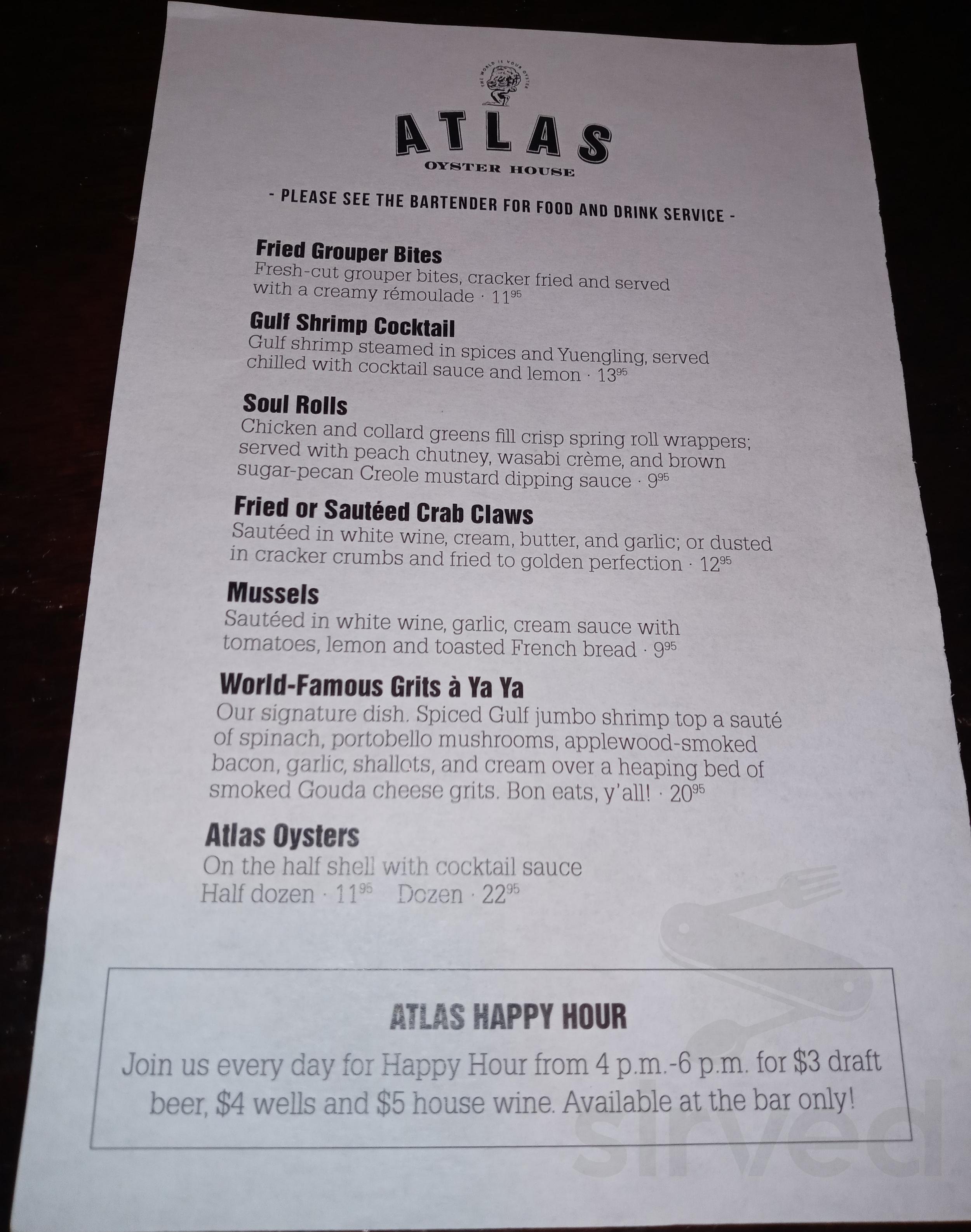 Atlas Oyster House menu in Pensacola, Florida, USA