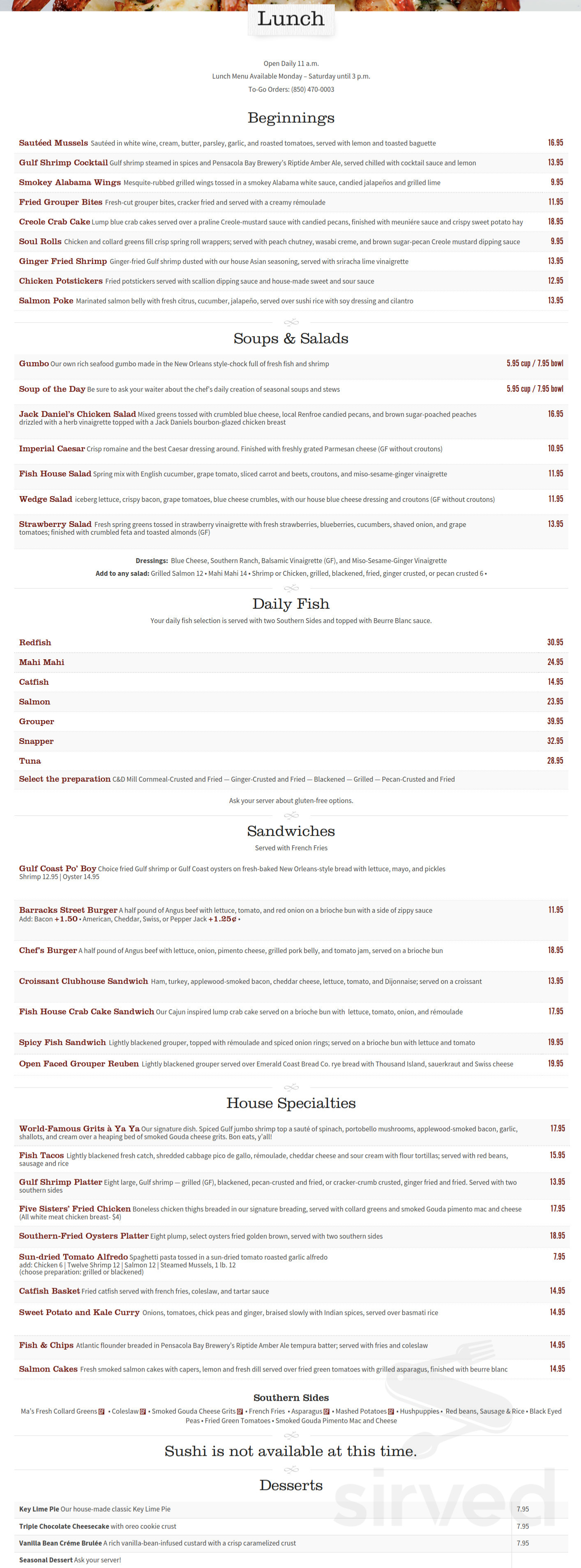 The Fish House menu in Pensacola, Florida, USA