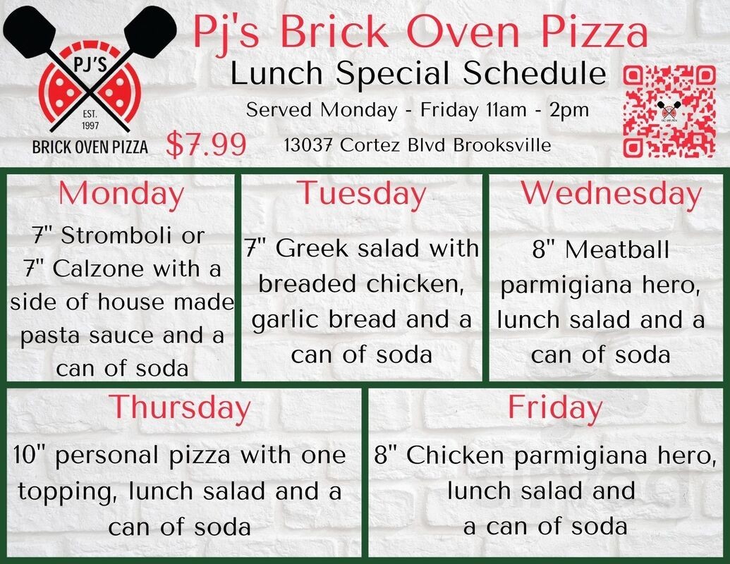 Menu for Pj's Brick Oven Pizza Brooksville in Brooksville, FL | Sirved
