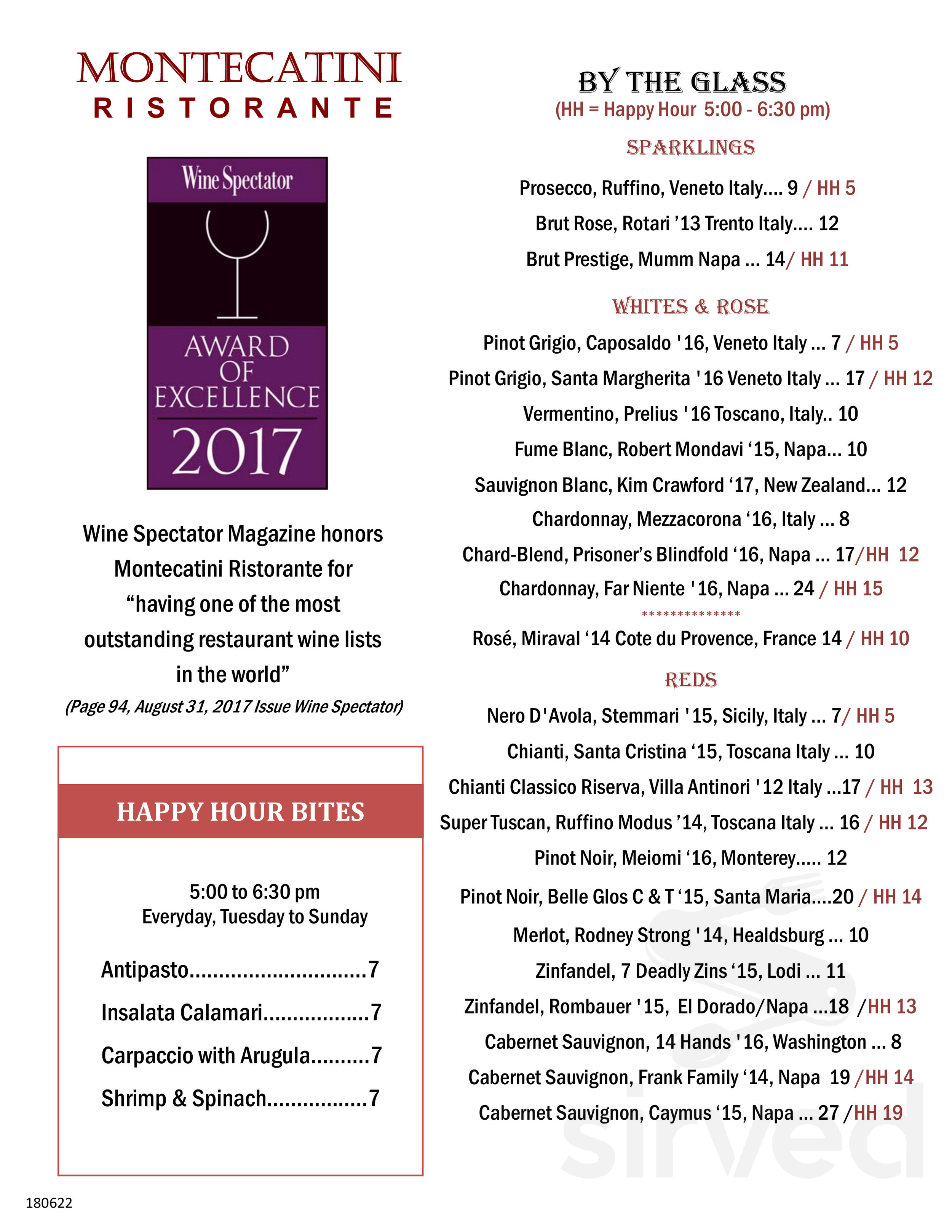 Montecatini Ristorante menu in Walnut Creek, California, USA