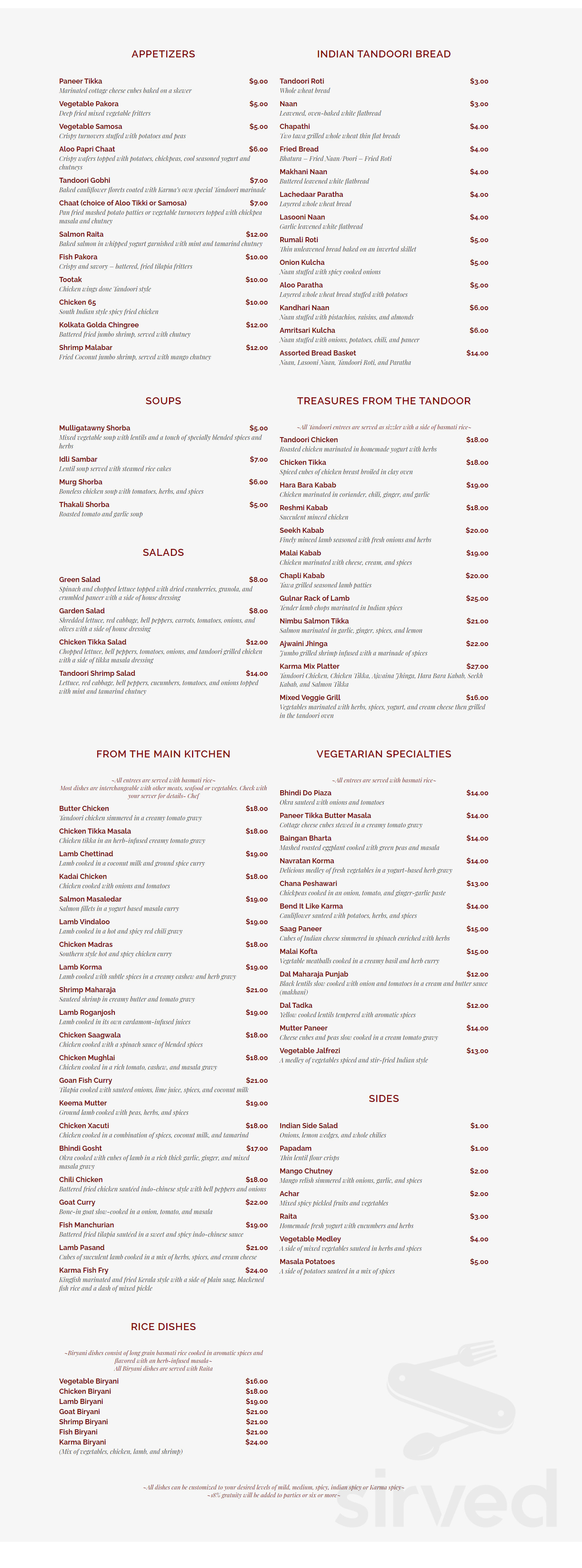 Karma Restaurant menu in Philadelphia, Pennsylvania, USA