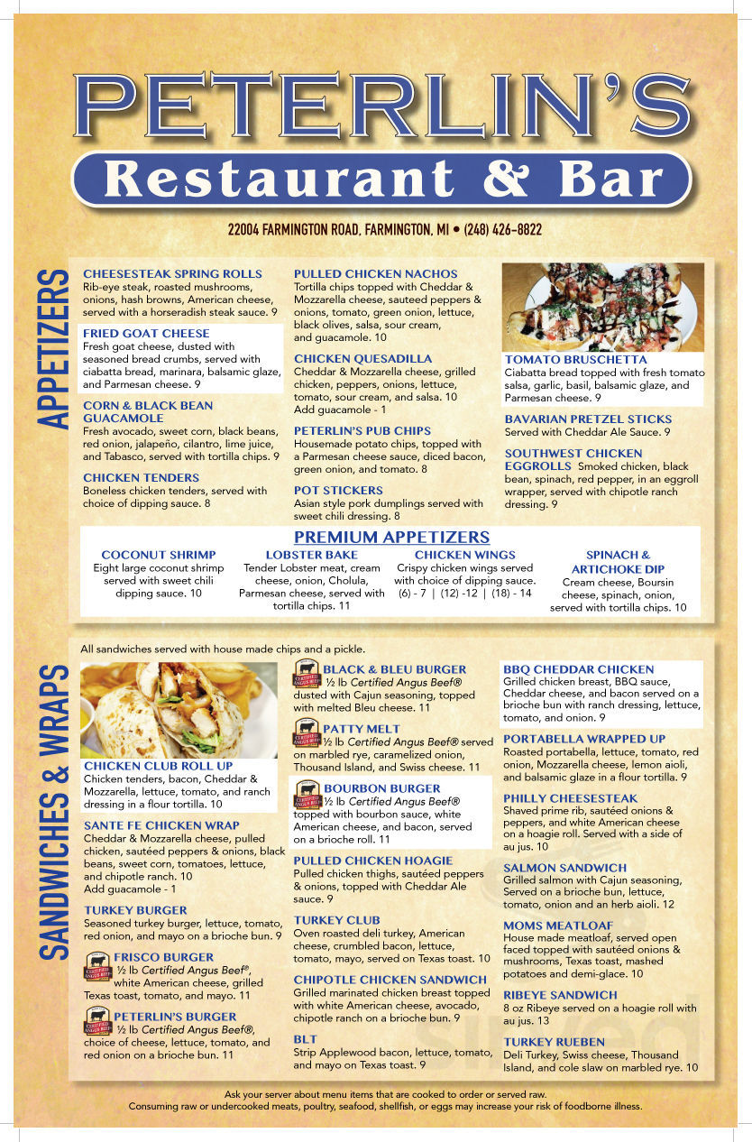 Menu for Peterlins in Farmington, MI | Sirved
