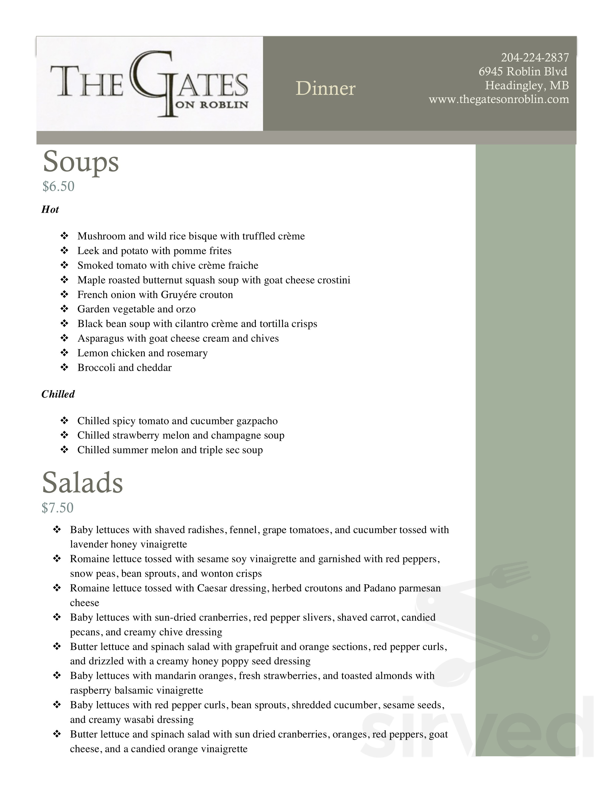 The Gates On Roblin menus in Headingley, Manitoba, Canada