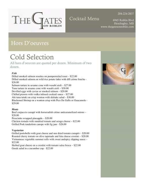 The Gates On Roblin menu in Headingley, Manitoba, Canada