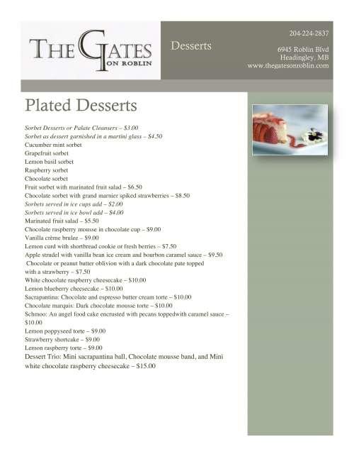 The Gates On Roblin menu in Headingley, Manitoba, Canada