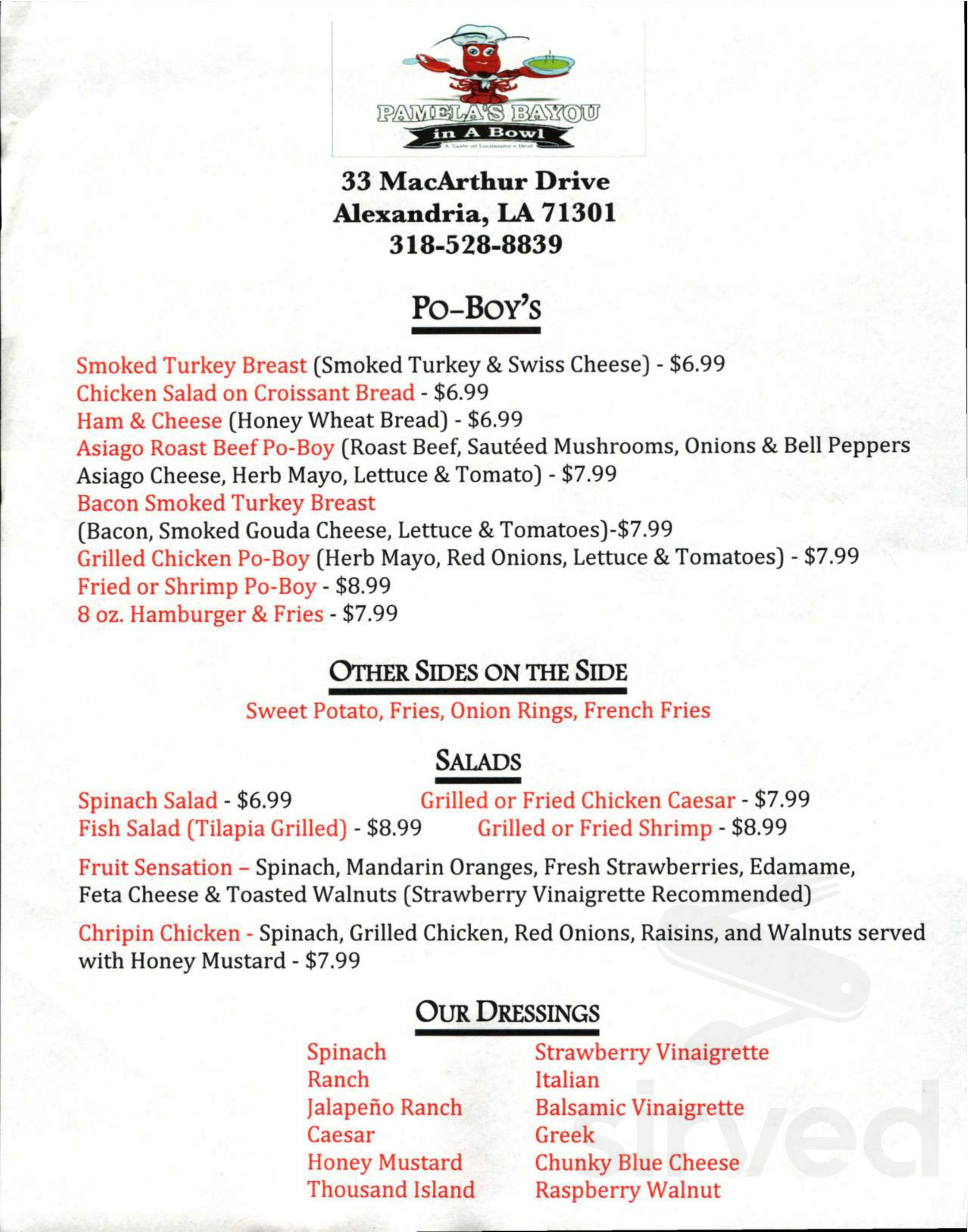Pamela's Bayou In A Bowl menu in Alexandria, Louisiana, USA