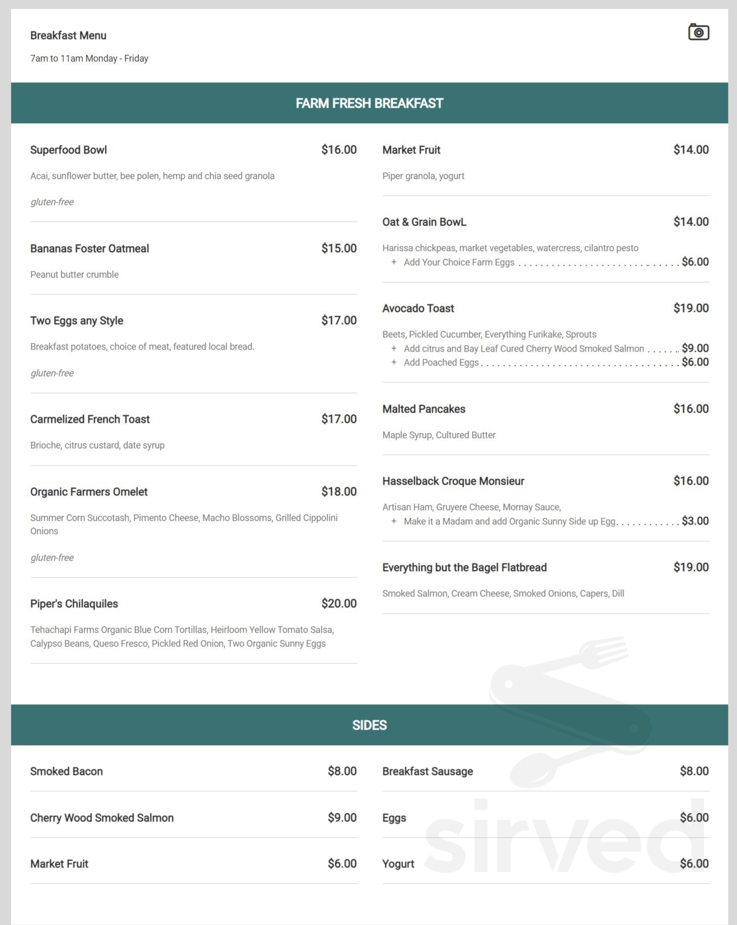 Piper menu in Oceanside, California, USA