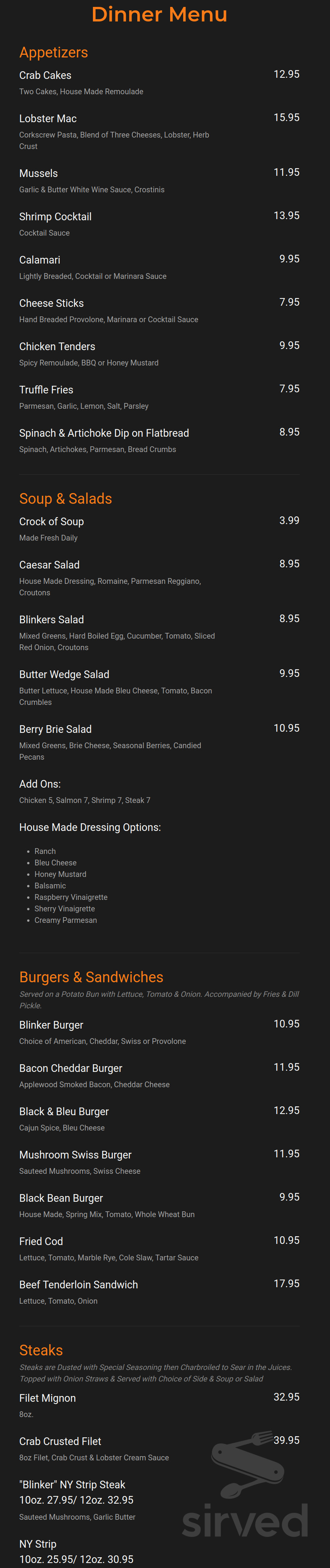 Menu - Covington KY's Blinkers Tavern | Sirved