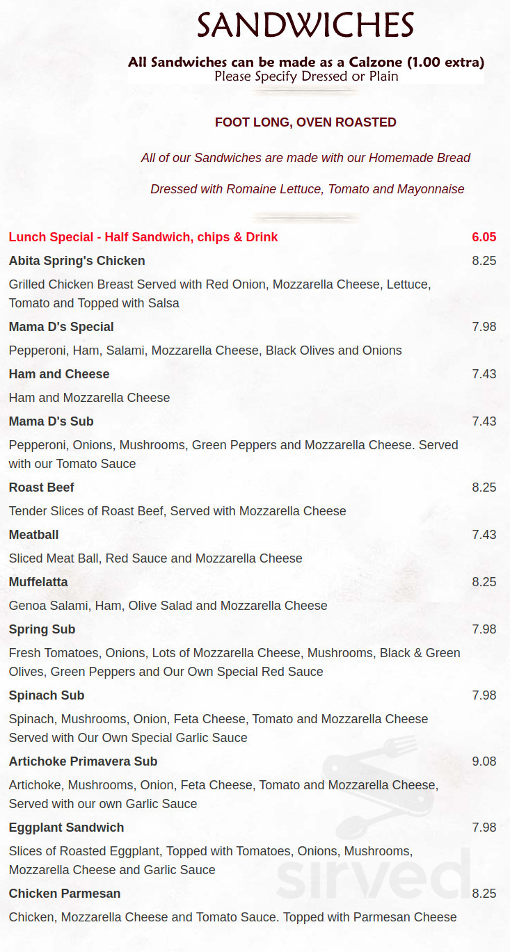 Menu - Abita Springs LA's Mama D's Pizza & More | Sirved