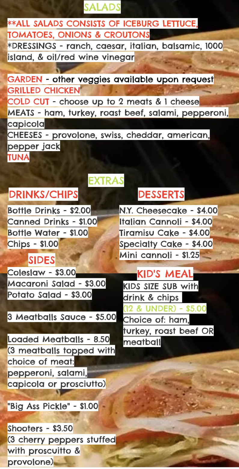 Monster Subs menu in Spartanburg, South Carolina, USA