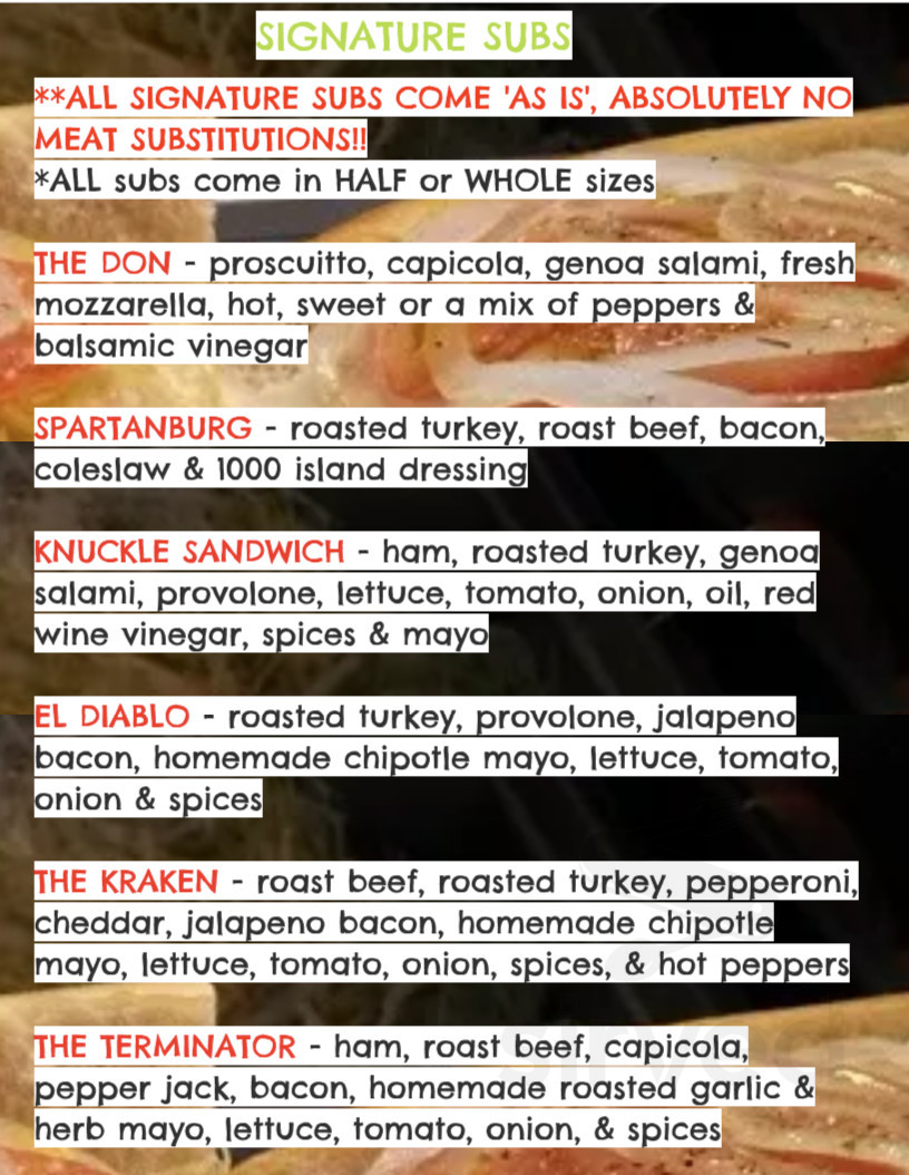 Monster Subs menu in Spartanburg, South Carolina, USA