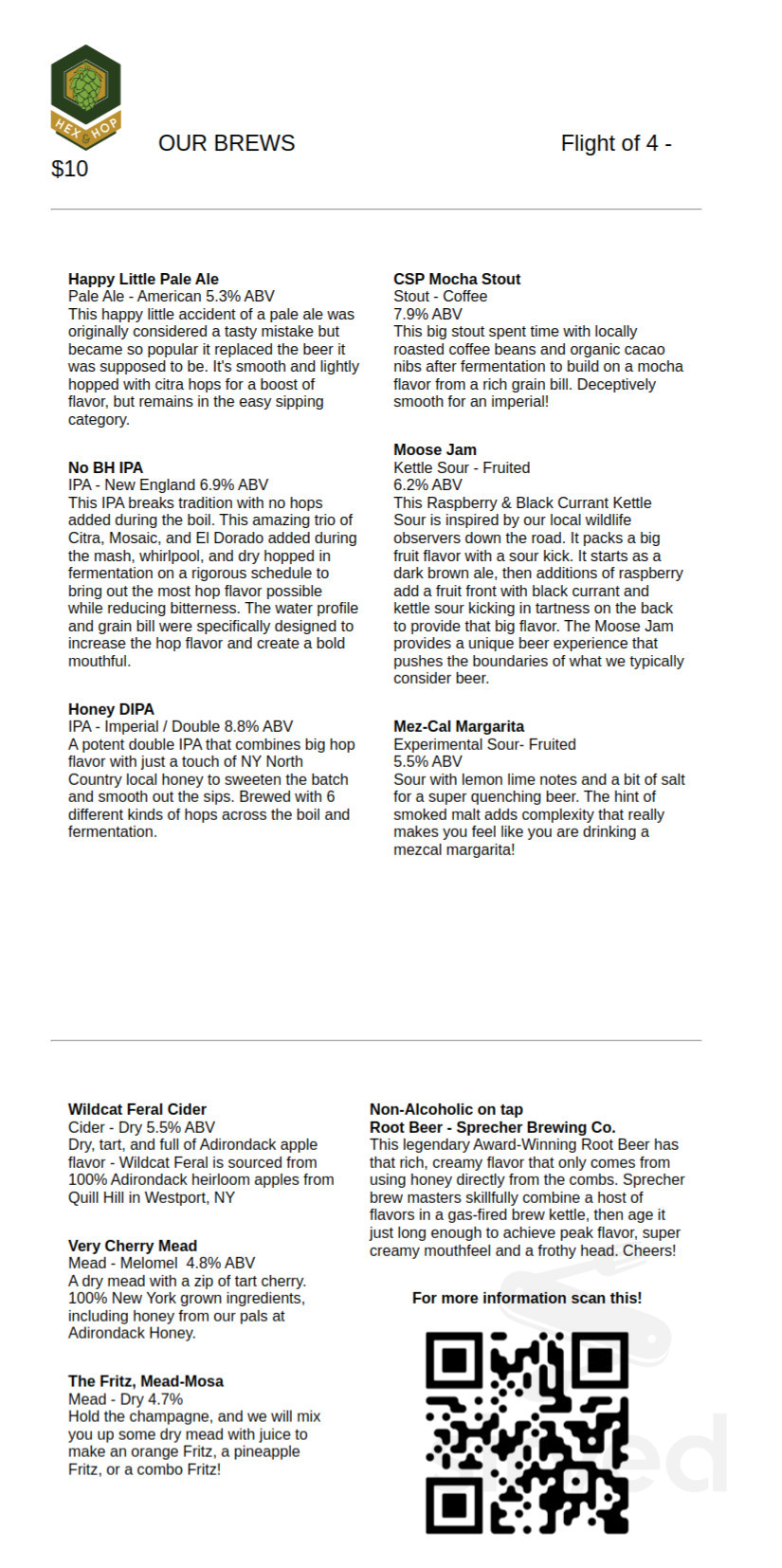 Hex and Hop Brewing menu in Bloomingdale, New York, USA
