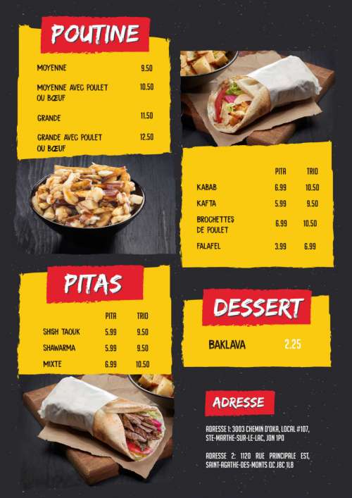 Chef Taouk menu in Sainte-Agathe-des-Monts, Quebec, Canada