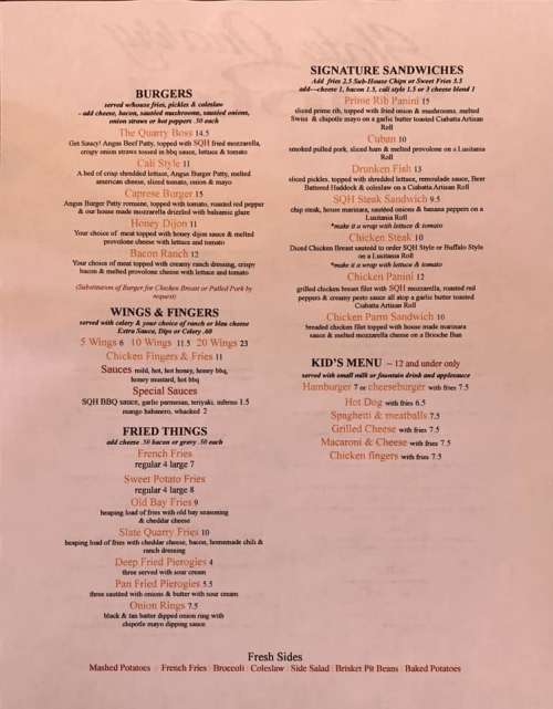 Slate Quarry Hotel menu in Nazareth, Pennsylvania, USA