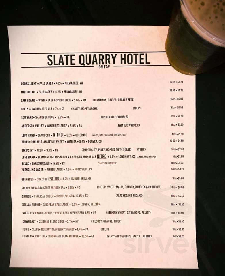 Slate Quarry Hotel menu in Nazareth, Pennsylvania, USA