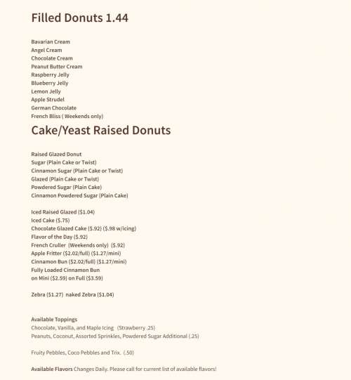 Abbe's Donut Nook menu in Port Charlotte, Florida, USA