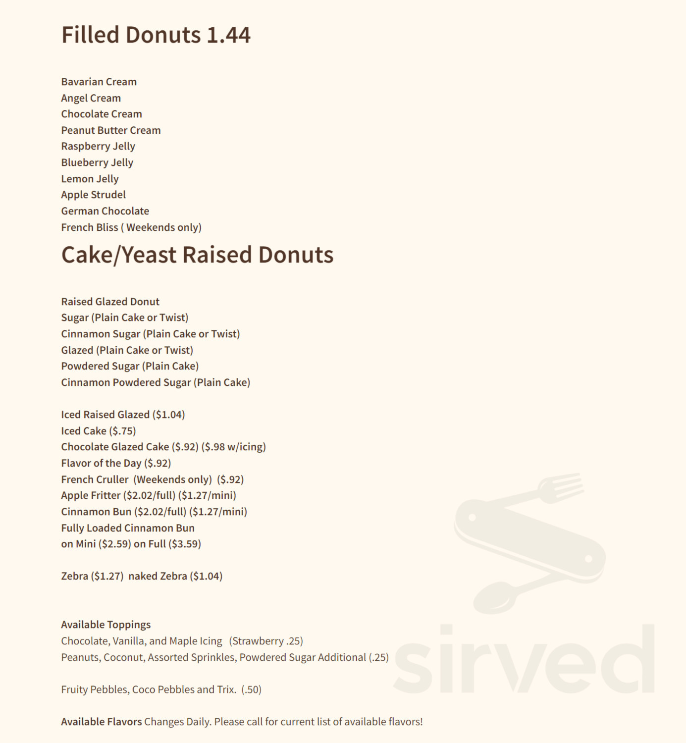 Abbe's Donut Nook menu in Port Charlotte, Florida, USA