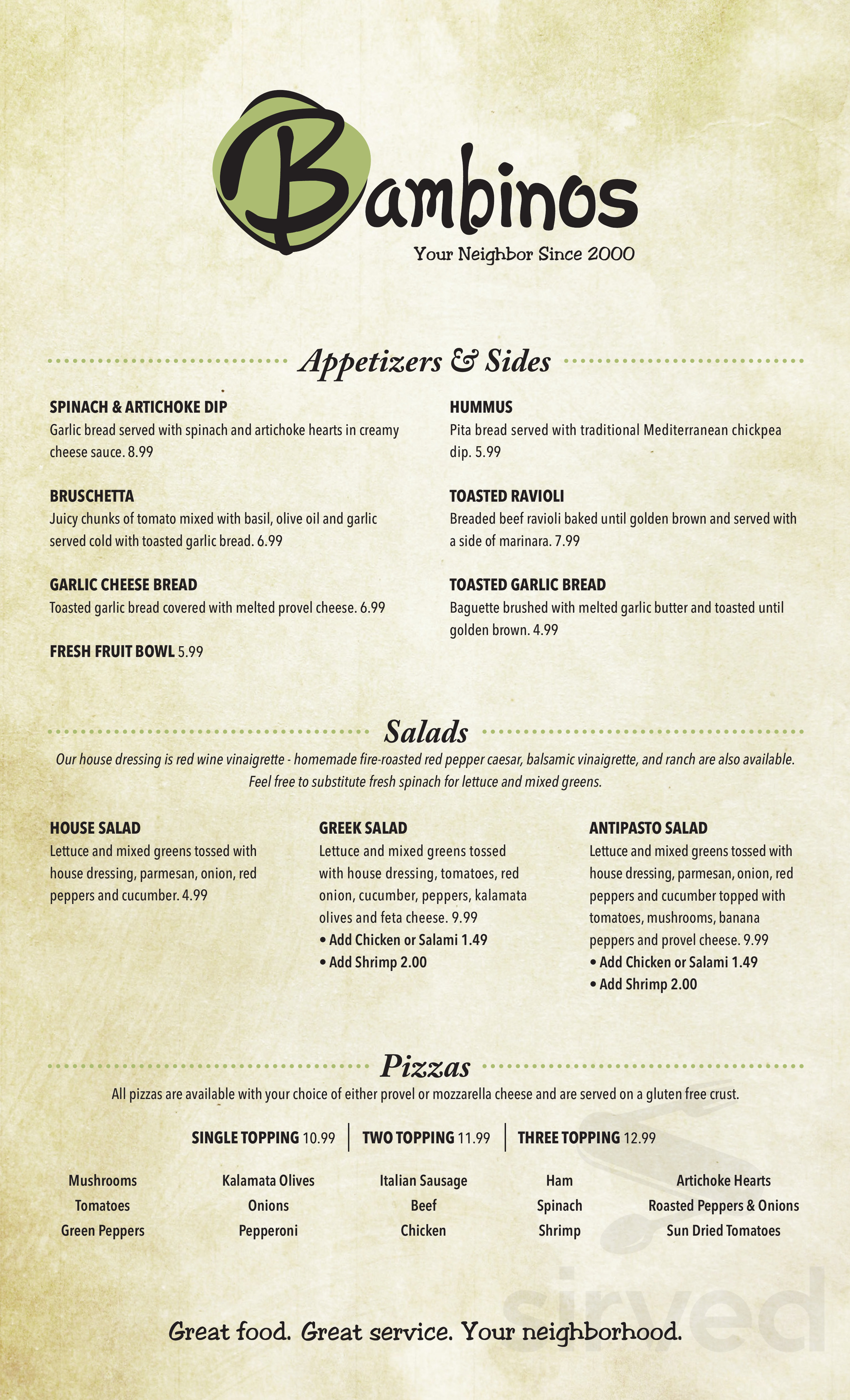 Bambinos Cafe on Delmar menu in Springfield, Missouri, USA