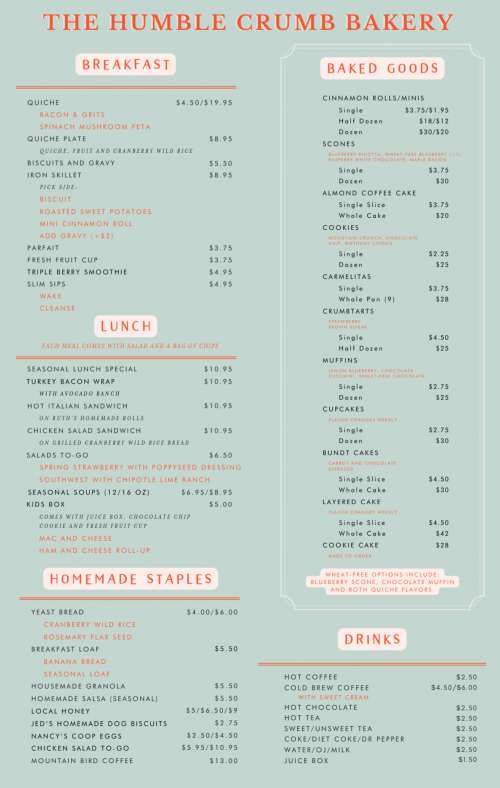 The Humble Crumb menu in Sherwood, Arkansas, USA