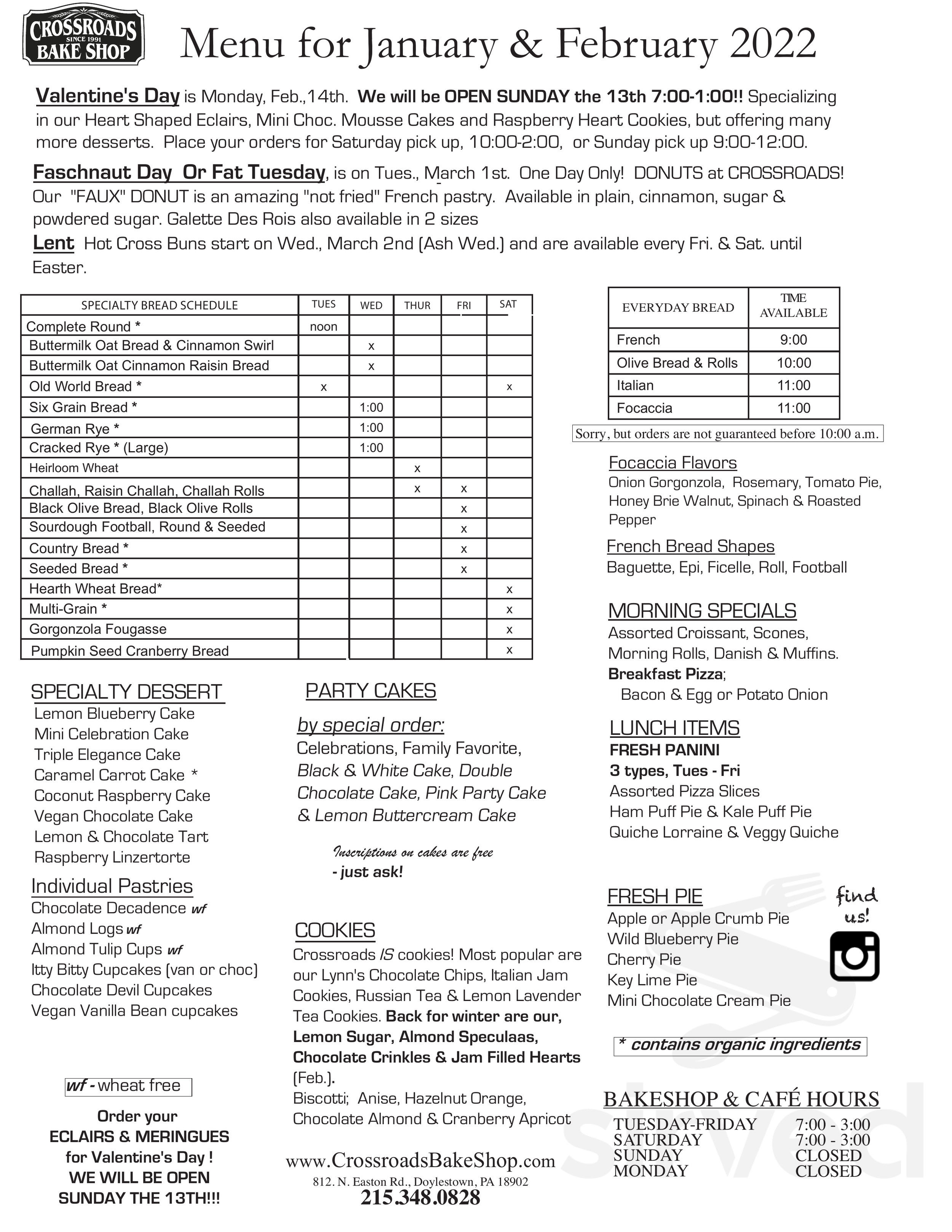 Crossroads Bake Shop menu in Doylestown, Pennsylvania, USA